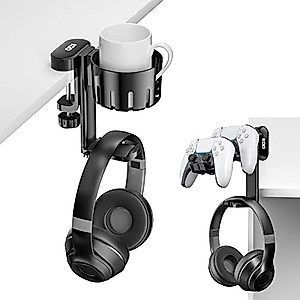 KDD Rotatable Headphone Hanger - 3 in 1 Under Desk Clamp Controller Stand Replaceable Cup Holder - Compatible with Universal Headset, Controller, Cup(Black)