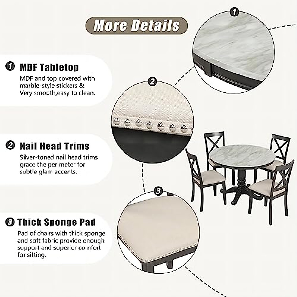 Xshelley Dining Table Set for 4, 5 Piece Dining Table Set with Faux Marble Finished Table and 4 Upholstered Chairs, Modern Dining Table Set for Kitchen Dining Room Living Room (Grey)