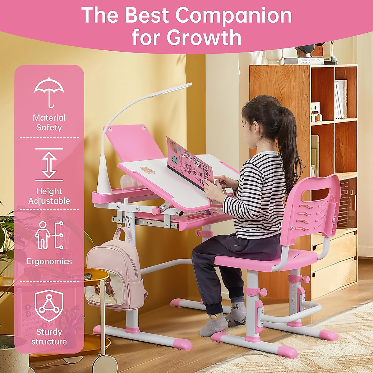 Real Relax Height Adjustable Childrens Desk and Chair Set, Kid's School Workstation with Tilt Desktop, Pink