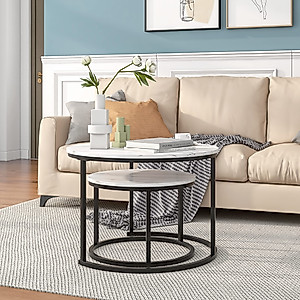 HOJINLINERO Nesting Round Coffee Table Set of 2 End Tables for Living Room,Circular and Marble Coffee Table Wooden Accent Furniture with Metal Frame,Stacking Side Tables,Black