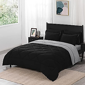 downluxe Bed in a Bag Queen -7 Pieces Queen Comforter Set with Black and Grey Reversible Comforter, Pillow Shams, Flat Sheet, Fitted Sheet and Pillowcases All Seasons Bedding Comforter Sets