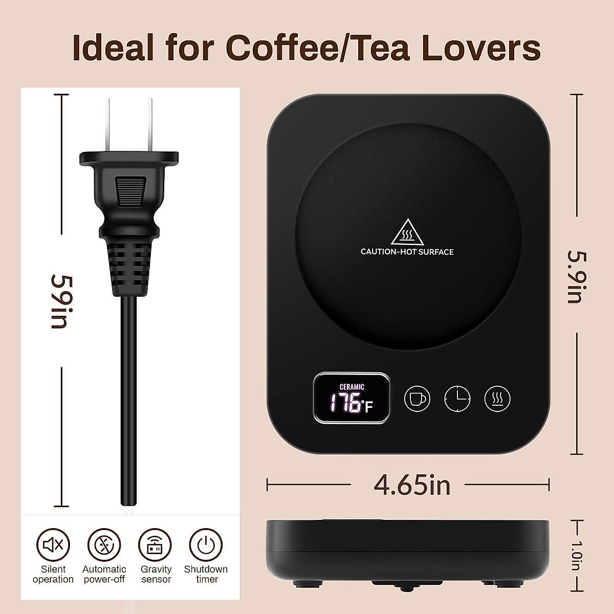 Misby Mug Warmer, Upgrade Coffee Warmer for Desk with 3 Temperature Settings, Fast Heating Cup Warmer 12 Timer, 4H Auto Shut Off, Gravity Sensor, Keep Best Temp for Tea,Beverage,Milk -Black