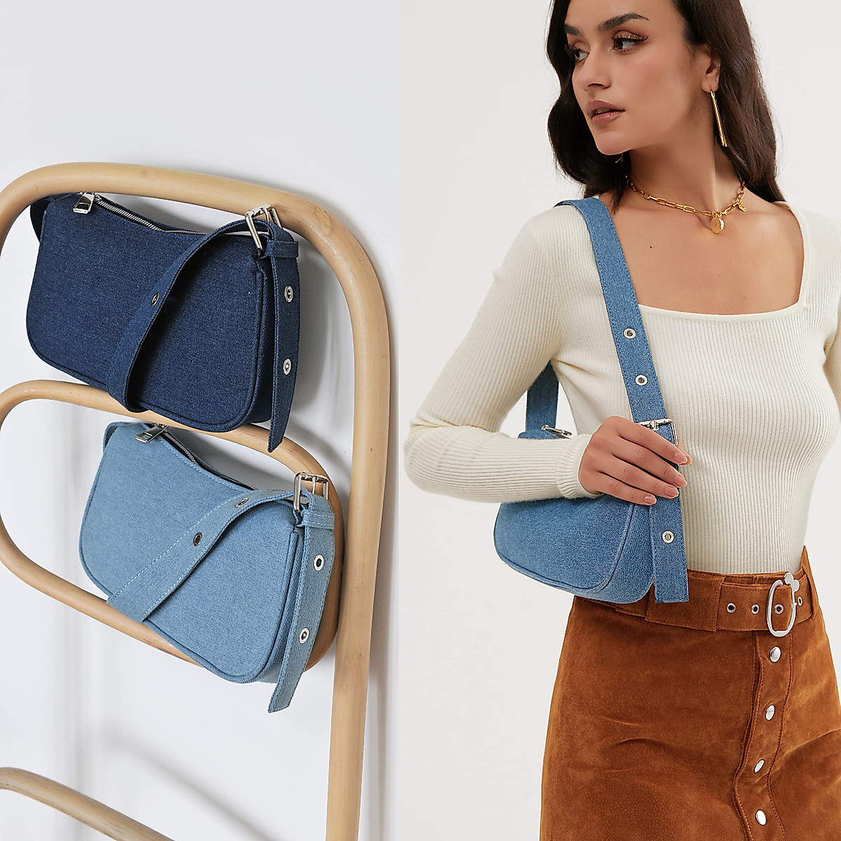 Denim 90s Shoulder Handbag Classic Women Purse with Grommets Adjustable Shoulder Strap Jeans Style Bag (Blue)