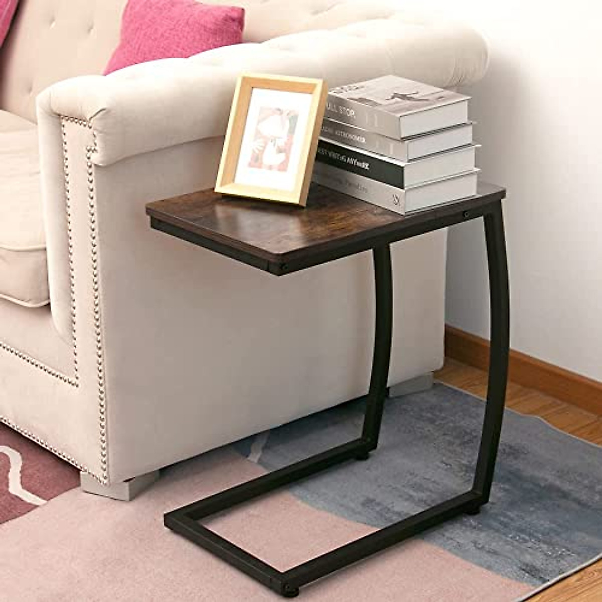 AZL1 Life Concept Utility Sofa End Living Room, Vintage Accent Couch Side Pocket, C Shaped Table for Coffee Snack Laptop