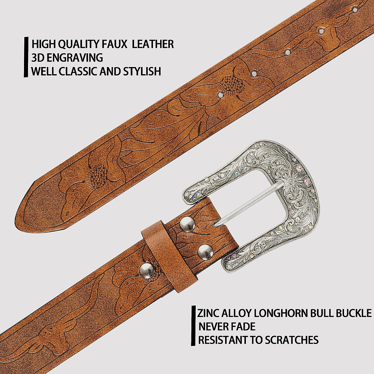 XuoAz Women Vintage-Western PU Leather Rhinestone-Buckle-Belt Cowgirl Bling-Diamond Country Waist Belts(for 33" to 38" Waist)