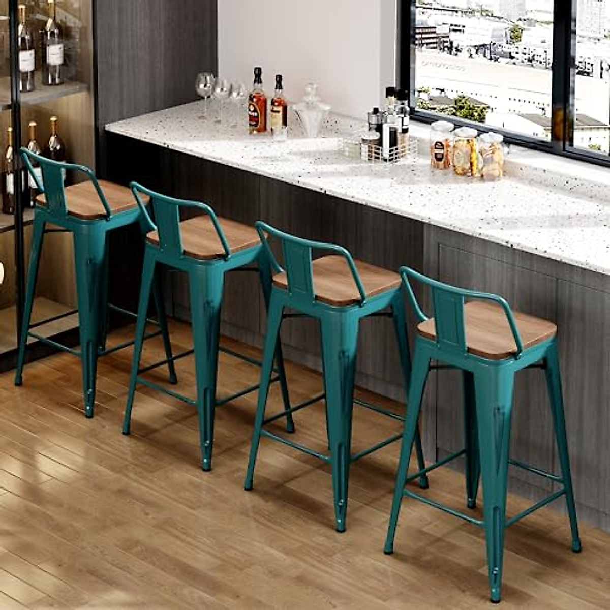 Alunaune 26" Metal Bar Stools Set of 4 Industrial Counter Height Barstools Kitchen Counter Stool Modern Wood Seat-Distressed Teal