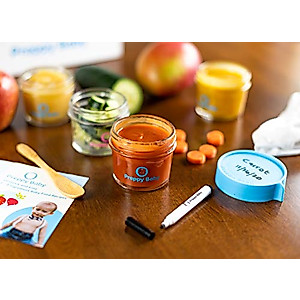 PreppyBaby 4 oz Glass Baby Food Storage Containers with Lids - Pack of 12 Reusable Dishwasher & Microwave Safe Food Jars w/ 2 Bamboo Infant Spoons, Recipe Booklet & Non-Toxic Easy Erase Marker (Blue)