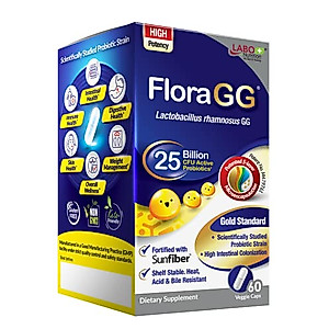 LABO Nutrition FloraGG, Lactobacillus Rhamnosus GG 25 Billion CFU Active Probiotics and Sunfiber Prebiotic Fiber Supplement, Support Healthy Intestinal, Immune Health| Non-GMO & Gluten Free – 60s