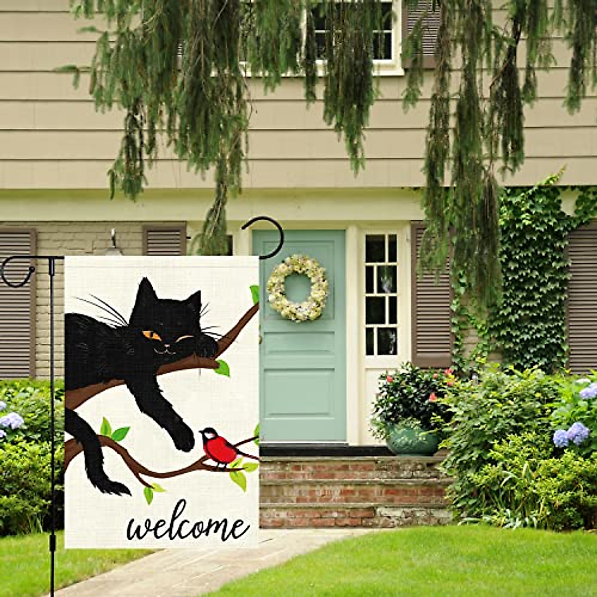 Welcome Spring Garden Flag 12x18 Double Sided, Burlap Small Black Cat Garden Yard Flags for Seasonal Outside Outdoor House Decoration (Only Flag)
