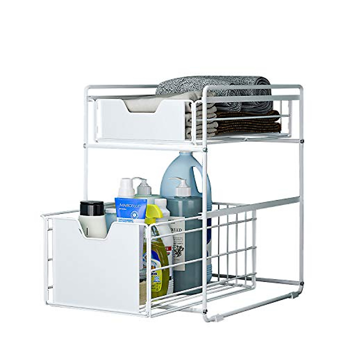 Moxeay Metal Basket Organizer 2-Tier Under Sink Cabinet Organizer with Sliding Storage Drawer, Stackable Basket Rack for Kitchen & Bathroom