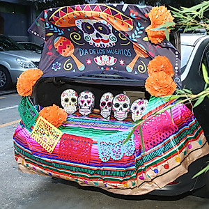 Buryeah 23 Pcs Halloween Day of The Dead Trunk or Treat Car Decorations Kit Dia De Los Muertos Themed Car Decor Mexican Serape Marigold Flower Heads Cutouts Background for Car Trunk