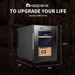 NEEDONE Humidor 16L, Electric Cooler Humidors for 100 Counts, Electronic Cabinet with Cooling Control, Spanish Cedar Wood Drawer Shelves, Digital Hygrometer Displays, Gift for Men