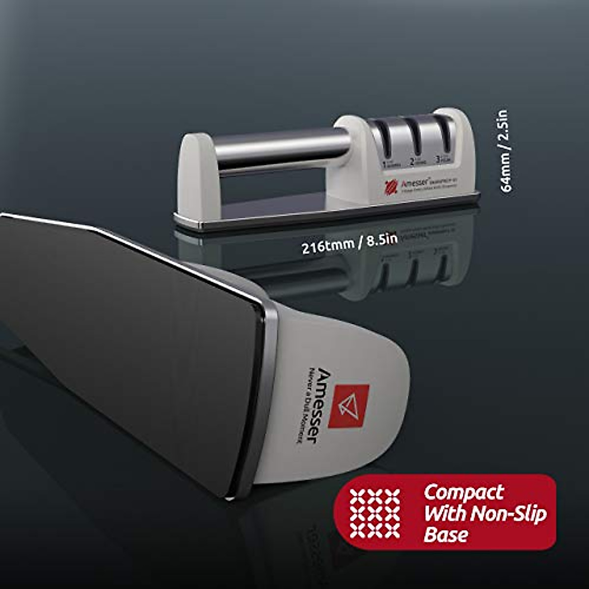 Amesser Knife Sharpener Diamond Wheel - Quickly Sharpen, Honing, Polish Kitchen Knives with 3 Stage Grit 360/600/1000, Anti·Slip Mat and Cut Resistant Glove for Safety (Light Gray)