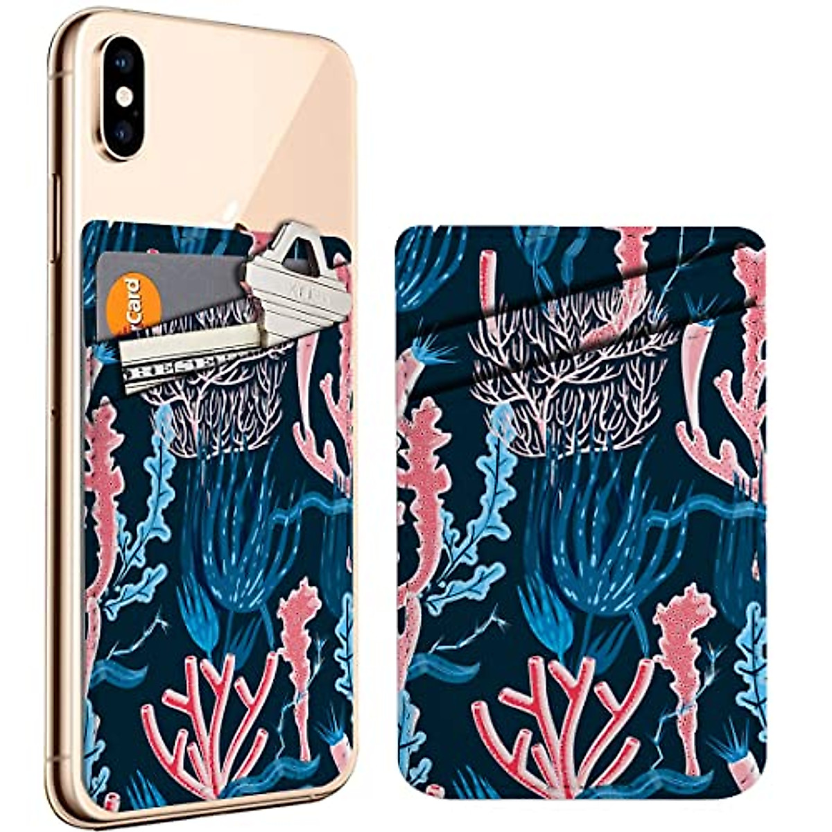 Pack of 2 - Cellphone Stick on Leather Cardholder ( Colorful Deep Sea Coral Seaweed Pattern Pattern ) ID Credit Card Pouch Wallet Pocket Sleeve