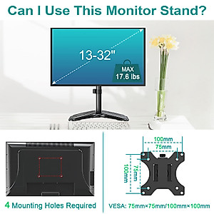 MOUNT PRO Single Monitor Stands Fits 13-32 inch/17.6 lbs Screen, Free Standing Computer Monitor Mount, Monitor Desk Stand with Adjustable Height/Tilt/Swivel/Rotation, VESA Monitor Stand 75x75 100x100