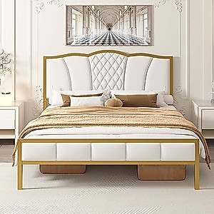 Queen Size Platform Bed Frame with Upholstered Headboard, Platform Bed Frame with Metal Frame & Sturdy Wood Slat Support, No Box Spring Needed for Bedroom Family Furniture Boys Girl (Queen, Beige)