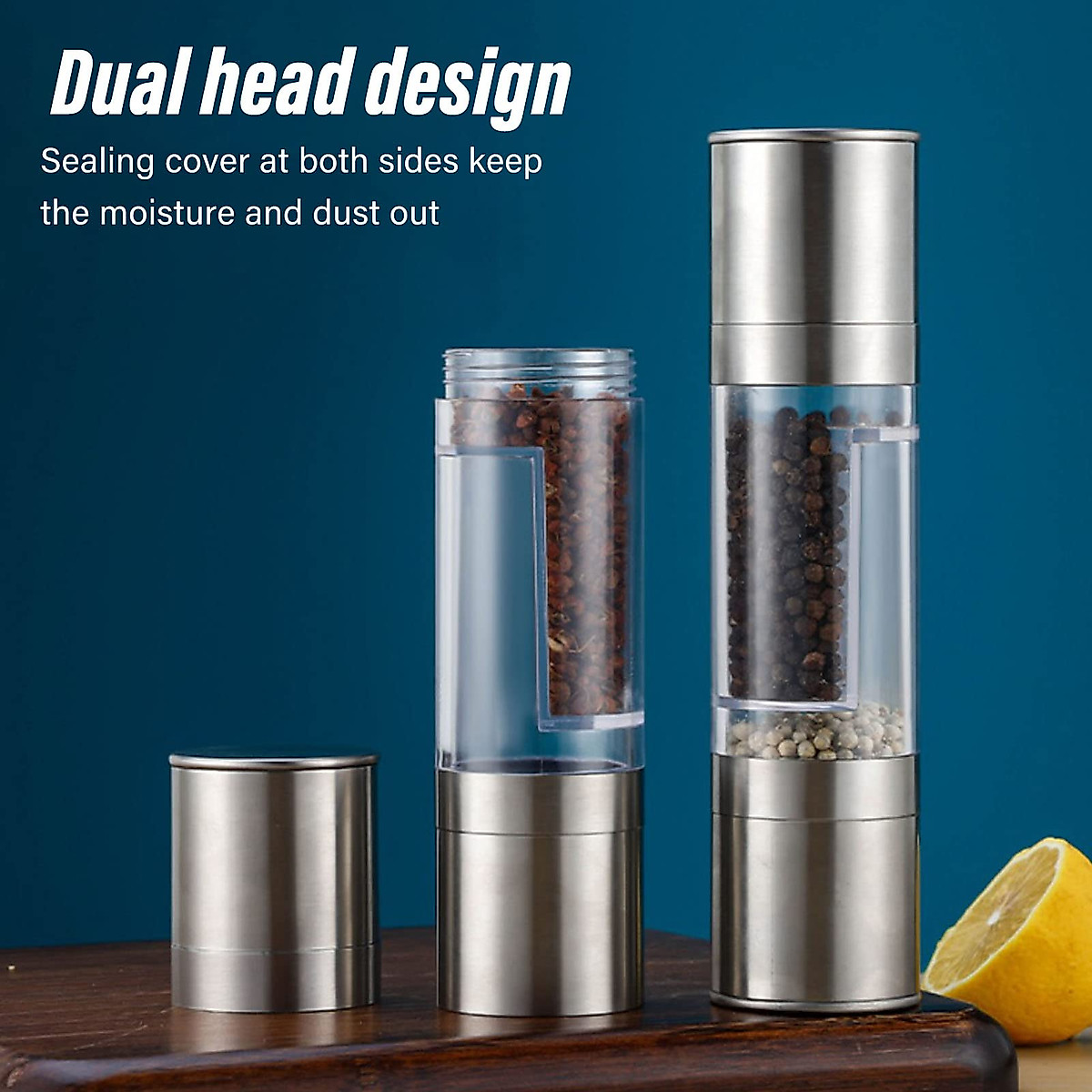 Pepper Grinder, Salt and Pepper Grinder Stainless Steel Dual Head Grind Size Manual Spice Grinder for Home Kitchen