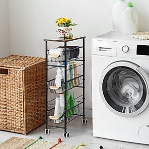 4-Tier Slim Storage Cart, Kitchen Rolling Utility Cart Bathroom Organizer Laundry Room Organization Mobile Shelving Unit with Slide-Out Metal Wire Baskets, Wooden Tabletop & Wheels for Narrow Space