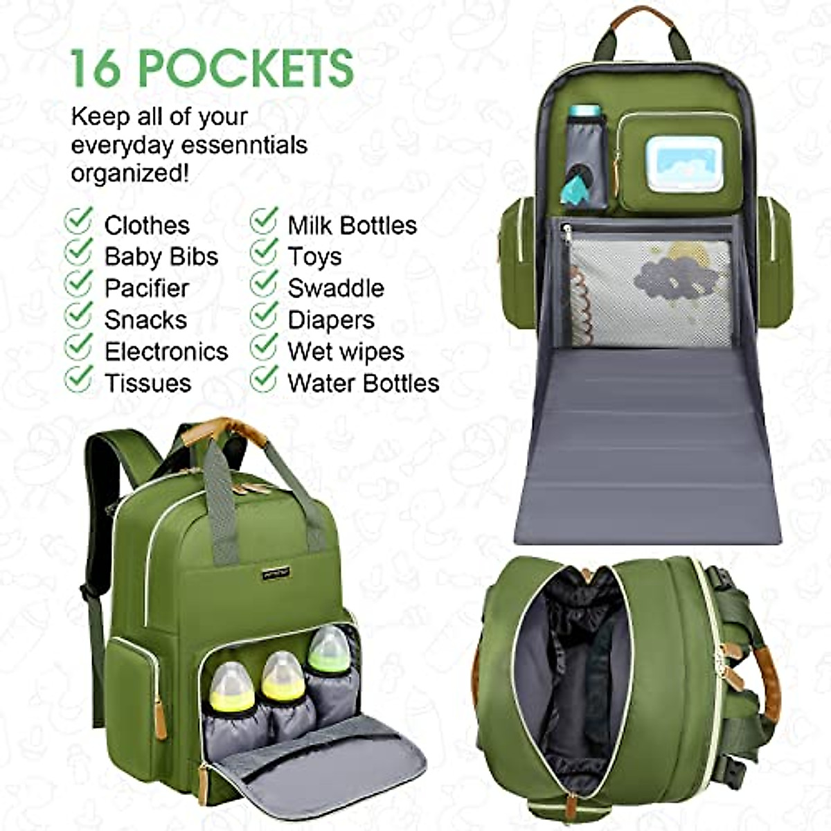 WITSTEP Diaper Bag Backpack with Changing Station, Baby Diaper Bag Organizer for Moms Dads-Diaper Tote Bags for Hospital Stroller Travel Bag for Airplane,Baby Eessentials/Large Capacity,Green