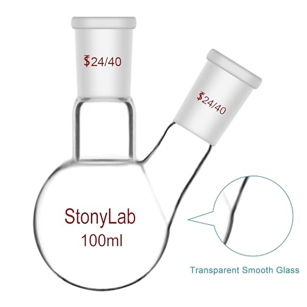 StonyLab Glass Heavy Wall 2 Neck Round Bottom Flask with 24/40 Center and Side Standard Outer Joint