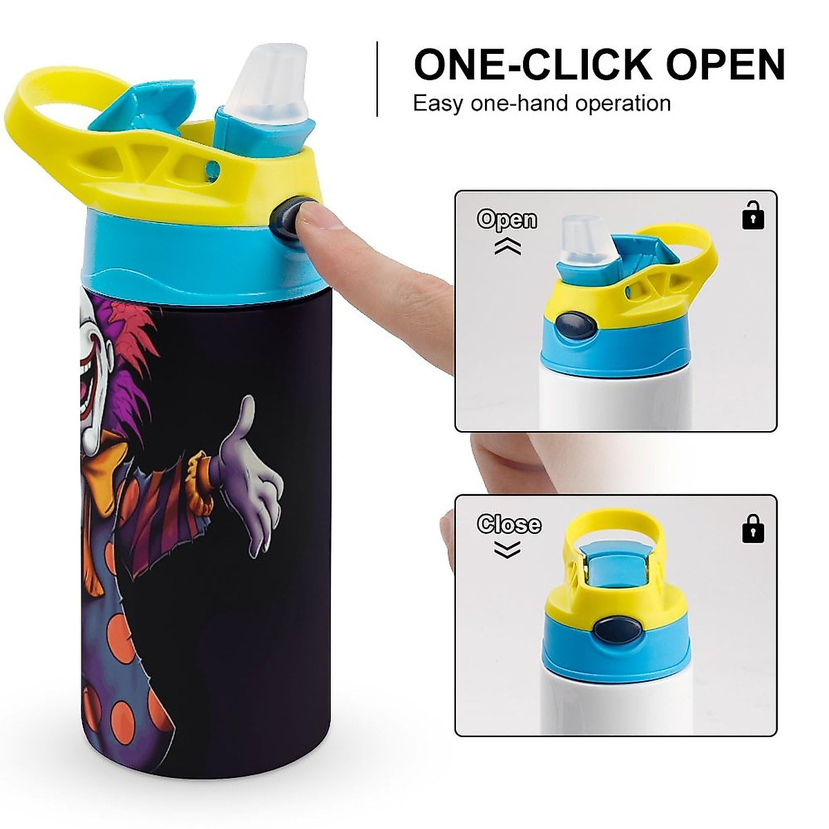 Stainless Steel Water Bottles Cute Cartoon Clown Travel Water Cups with Handle And Silicone Straw Drinking Cup with Leak Proof Lid Thermo Travel Mug for Women Men