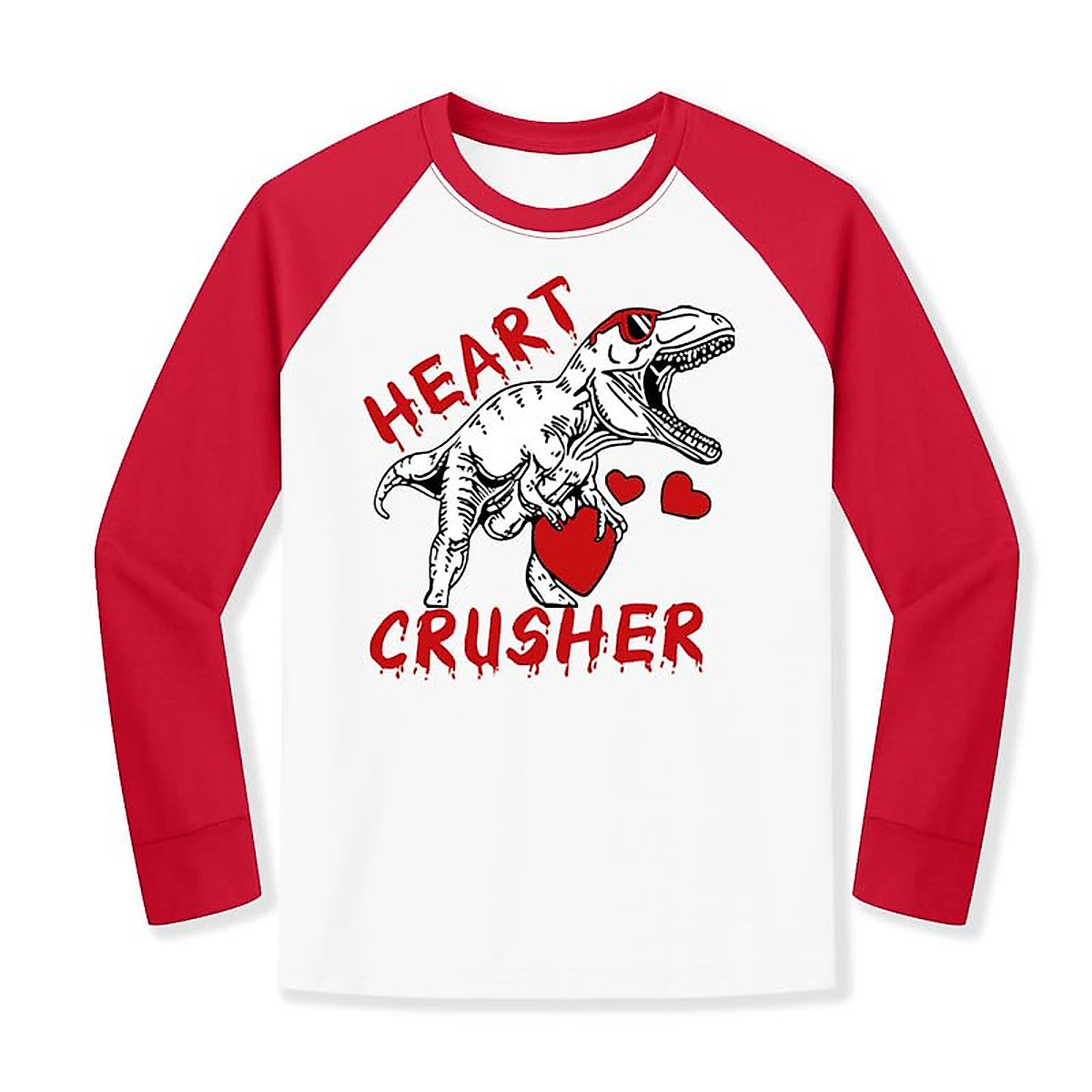 Valentine's Day Toddler Boys Girls White Dinosaur Heart Crusher Top Raglan Long Sleeve Shirt 1-2 Years