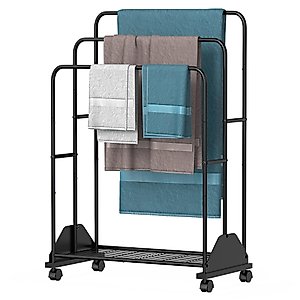 GloTika Freestanding Towel Rack for Bathroom, 3-Tiers Pool Towel Rack Outdoor, Blanket Bath Towel Drying Rack, Laundry Storage Towel Stand with Wheels for Bedroom, Towel Dryer for Bathroom Black