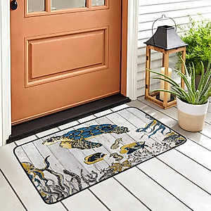 Sea Turtle Bathroom Area Rugs Fish Seahorses Octopus Coral on Wooden Bath Runner Floor Mat Washable Non-Slip Shower Carpet for Kitchen Living Room 39x20 inch