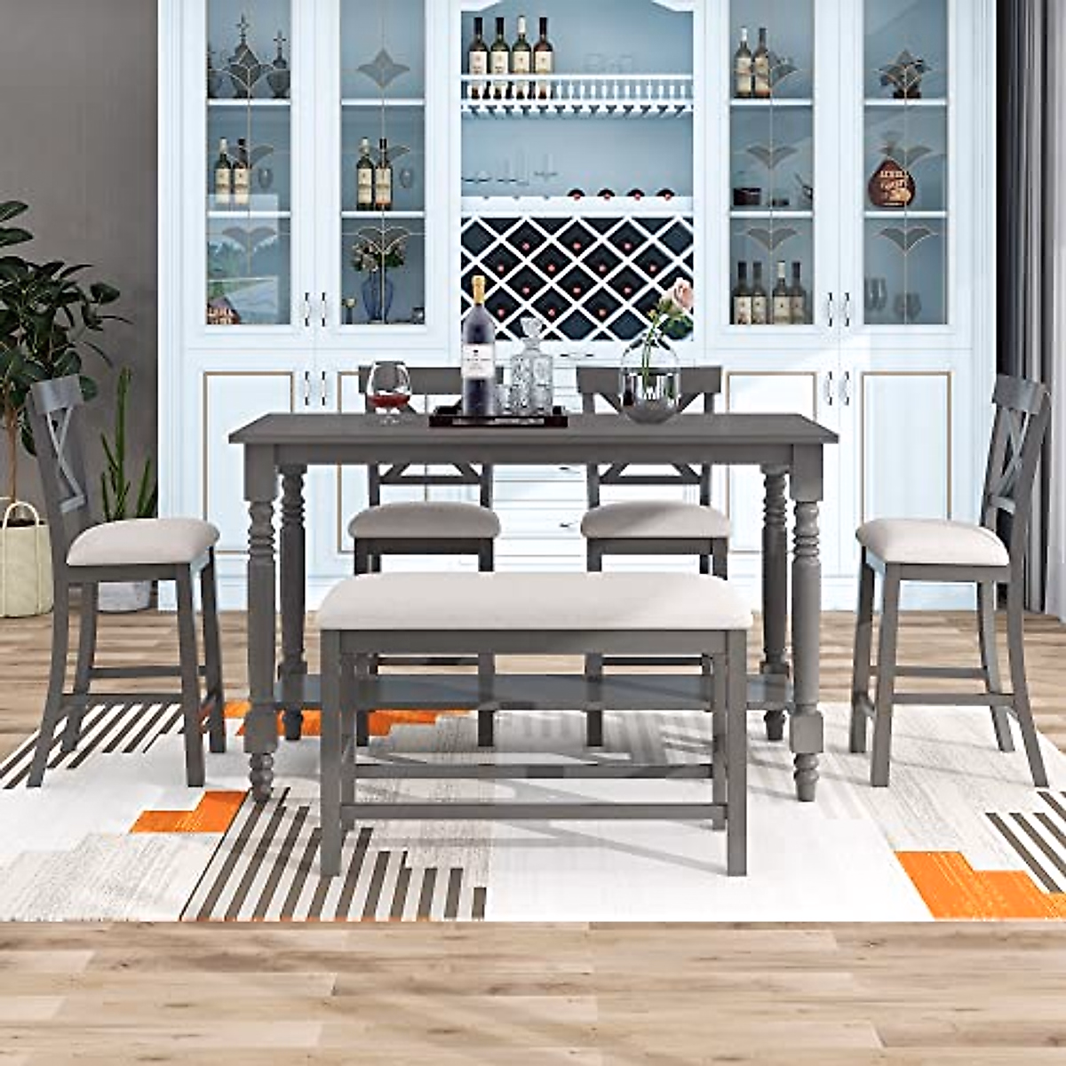 Merax 6-Piece Wooden Counter Height Rectangular Table Set with Bottom Shelf, 4 Chairs, and Padded Bench, Grey_Fabric Cushion