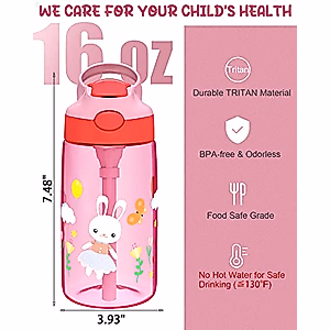 A+ Choice Kids Water Bottle with Straw & Handle - 16 oz BPA Free Kids Water Bottles, Spill Proof, Easy-Clean, Dishwasher Safe - Cute Rabbit Pink