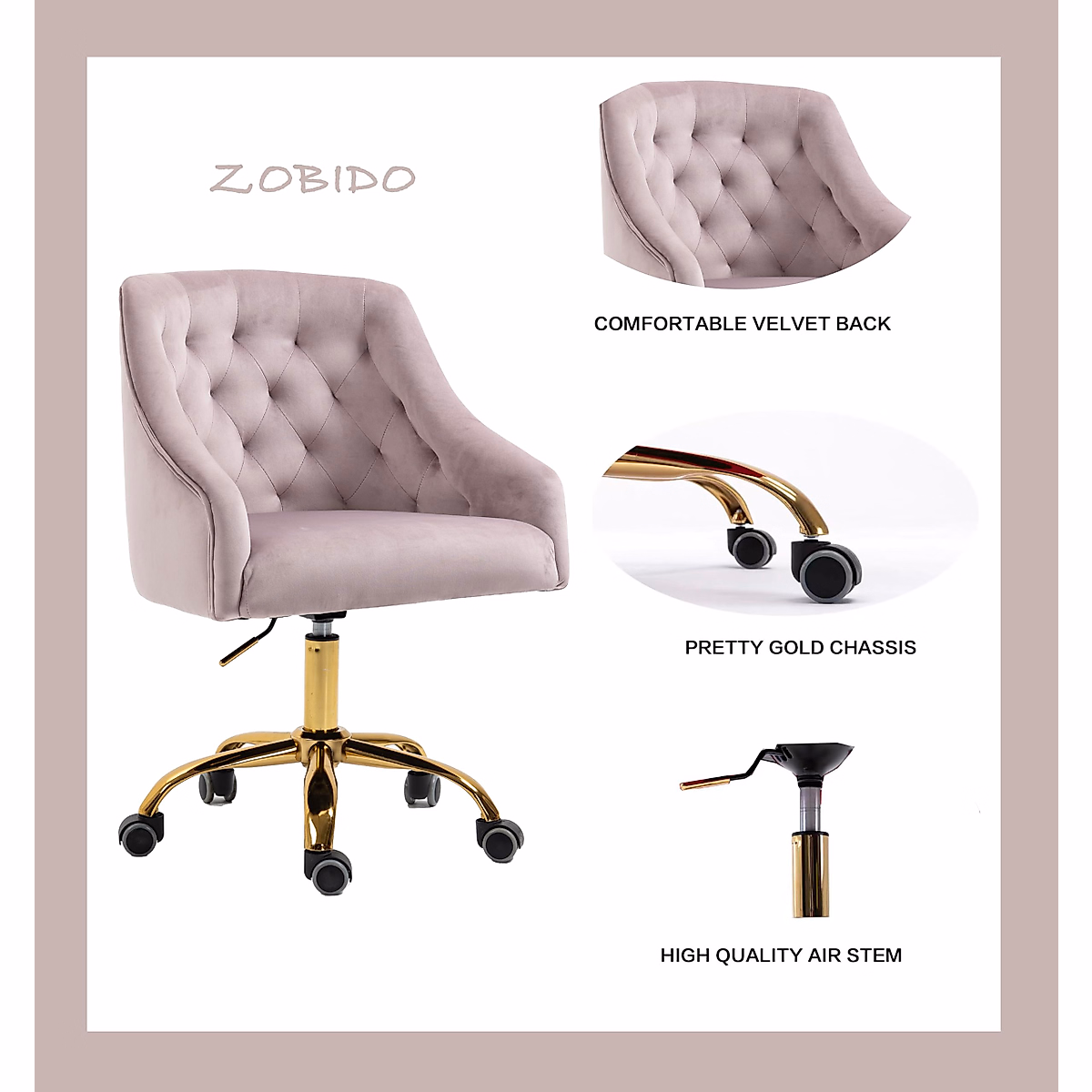 ZOBIDO Comfy Home Office Task Chair with Wheels, Cute Modern Upholstered Velvet Seashell Back Adjustable Swivel Vanity Desk Chair, for Women, for Girls, Living Room, Bedroom(Lilac Purple)