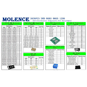 Molence SMD 0603 0805 1206 DIY Electronics Components Kit Assortment, 3638PCS Resistor, Capacitor, LED, PCB, Diode, Transistor, Potentiometer for Arduino UNO MEGA2560 Raspberry Pi MCU