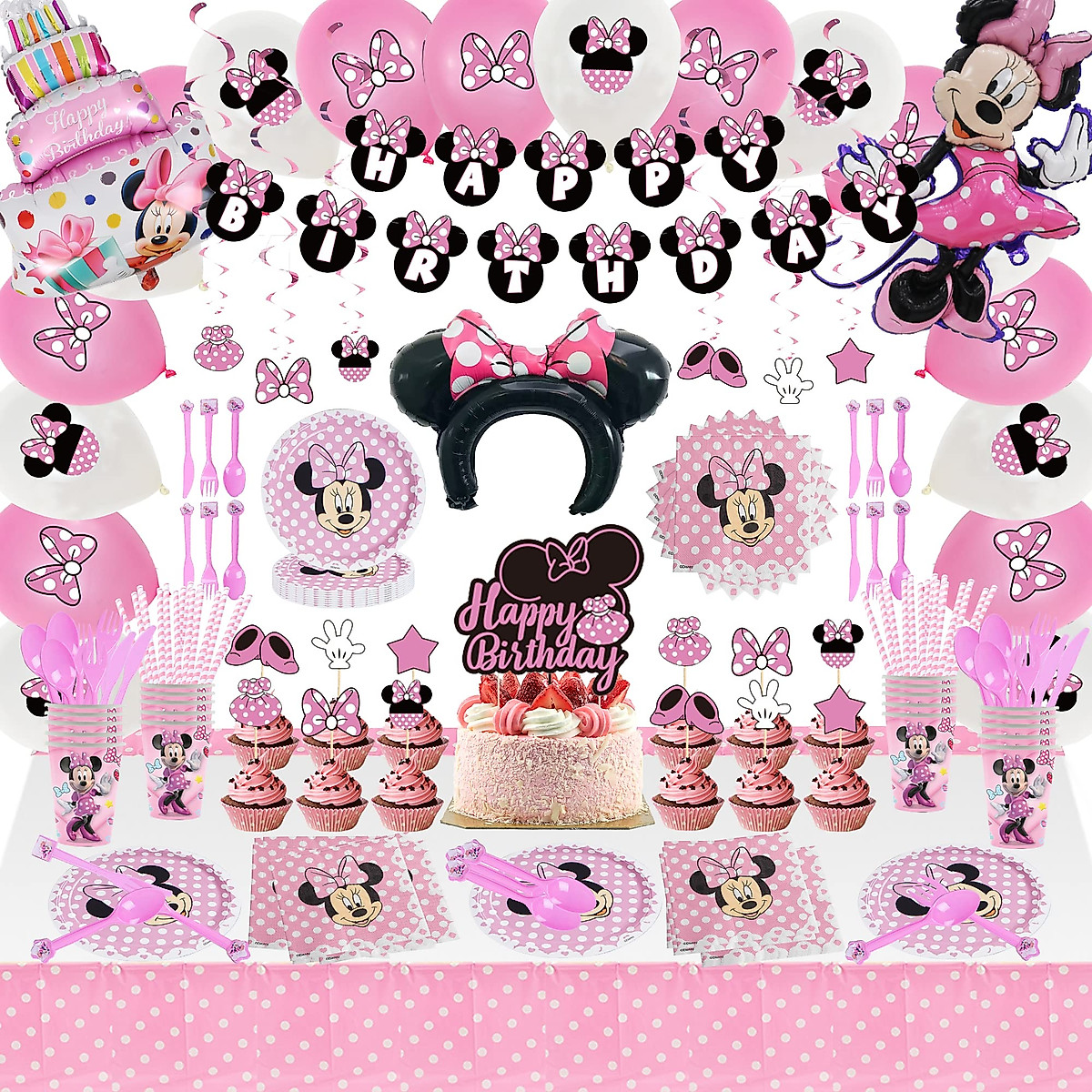 206 Pcs Birthday Party Supplies Serves 20 Guests, Party Decorations with Mouse Banner, Cake Topper, Spoons, Fork, Knife, Napkins, Tablewear,Tablecover and Hanging Swirls