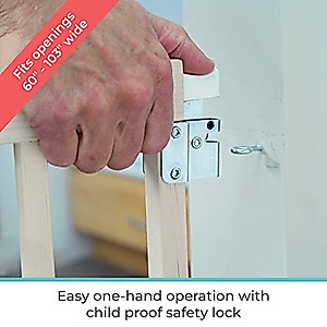 Toddleroo by North States 103" Wide Extra Wide Swing Baby Gate, Made in USA: Oversized Spaces. No Threshold. One Hand Operation. Hardware Mount. Fits 60"- 103" Wide (27" Tall, Sustainable Hardwood)