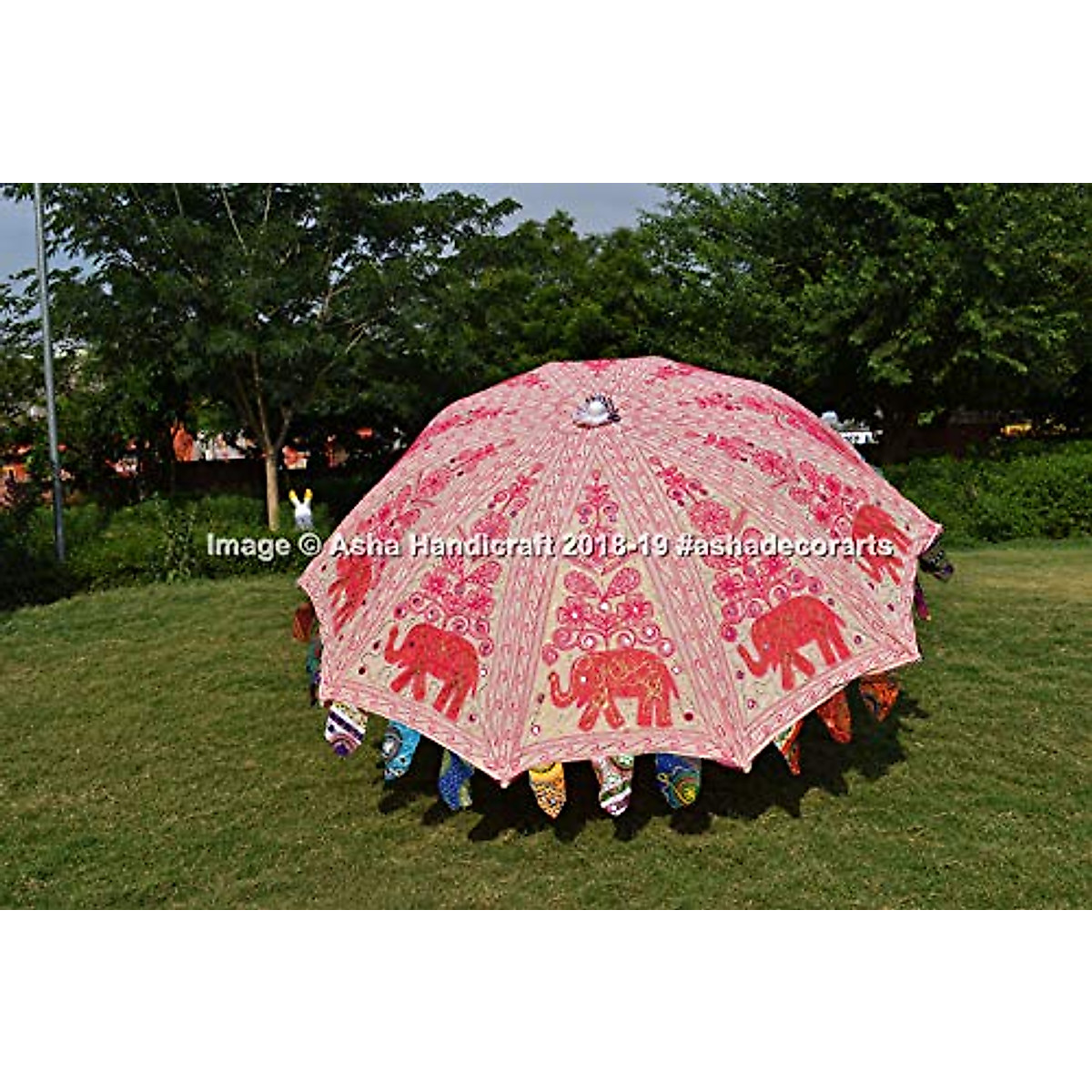 Asha Handicraft 72" Indian Handmade Embroidered Elephant Garden Umbrella, Large Outdoor Patio Parasols, Beach Umbrella Sun Shade Wedding Decorative Umbrellas (Large, White & Pink)