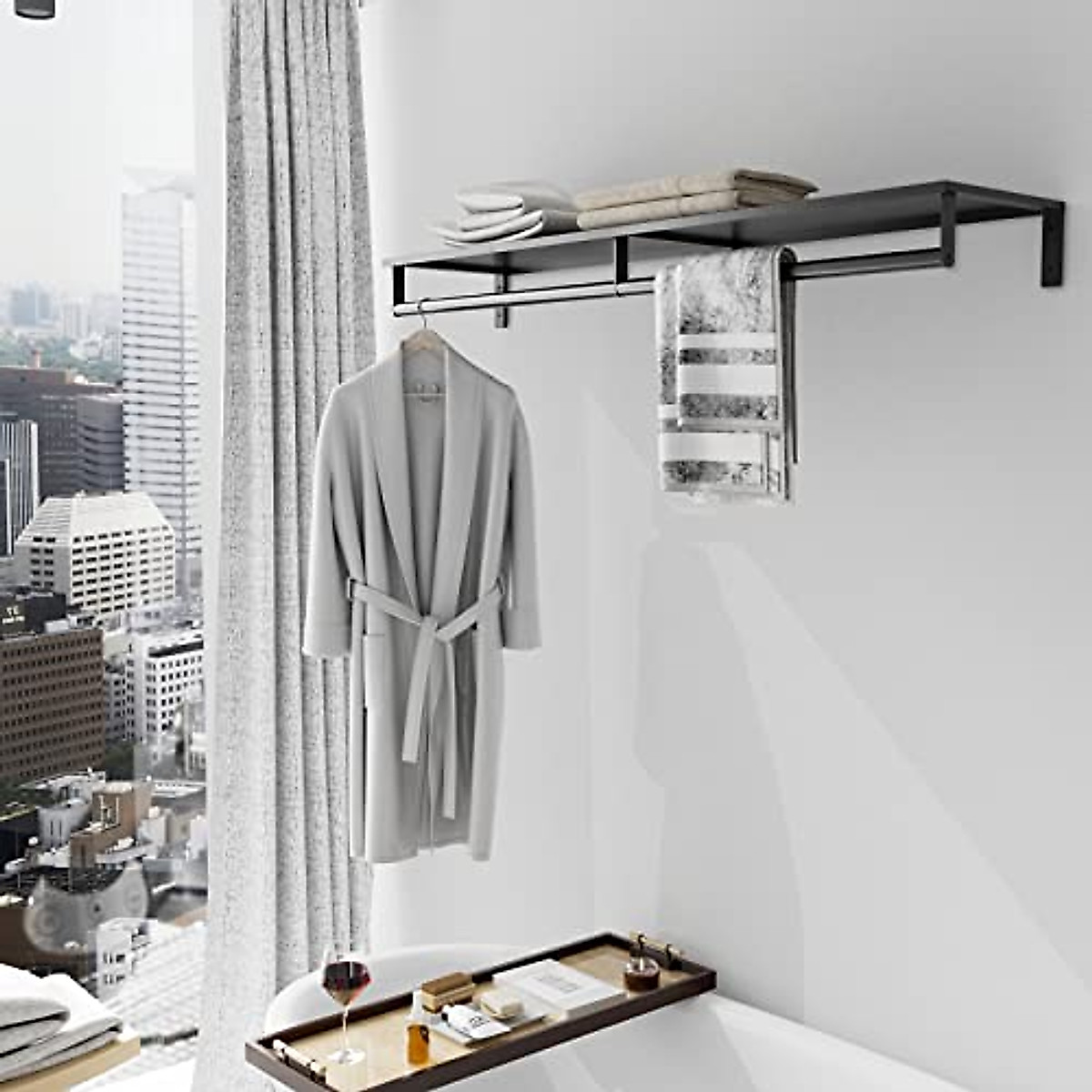 Audmore Wall Mounted Clothes Rack with Top Shelf, 46.5'' Industrial Clothing Rack Heavy Duty, Metal Shelf with Hanging Rod, Garment Rack Laundry Room Shelves, Space Saving