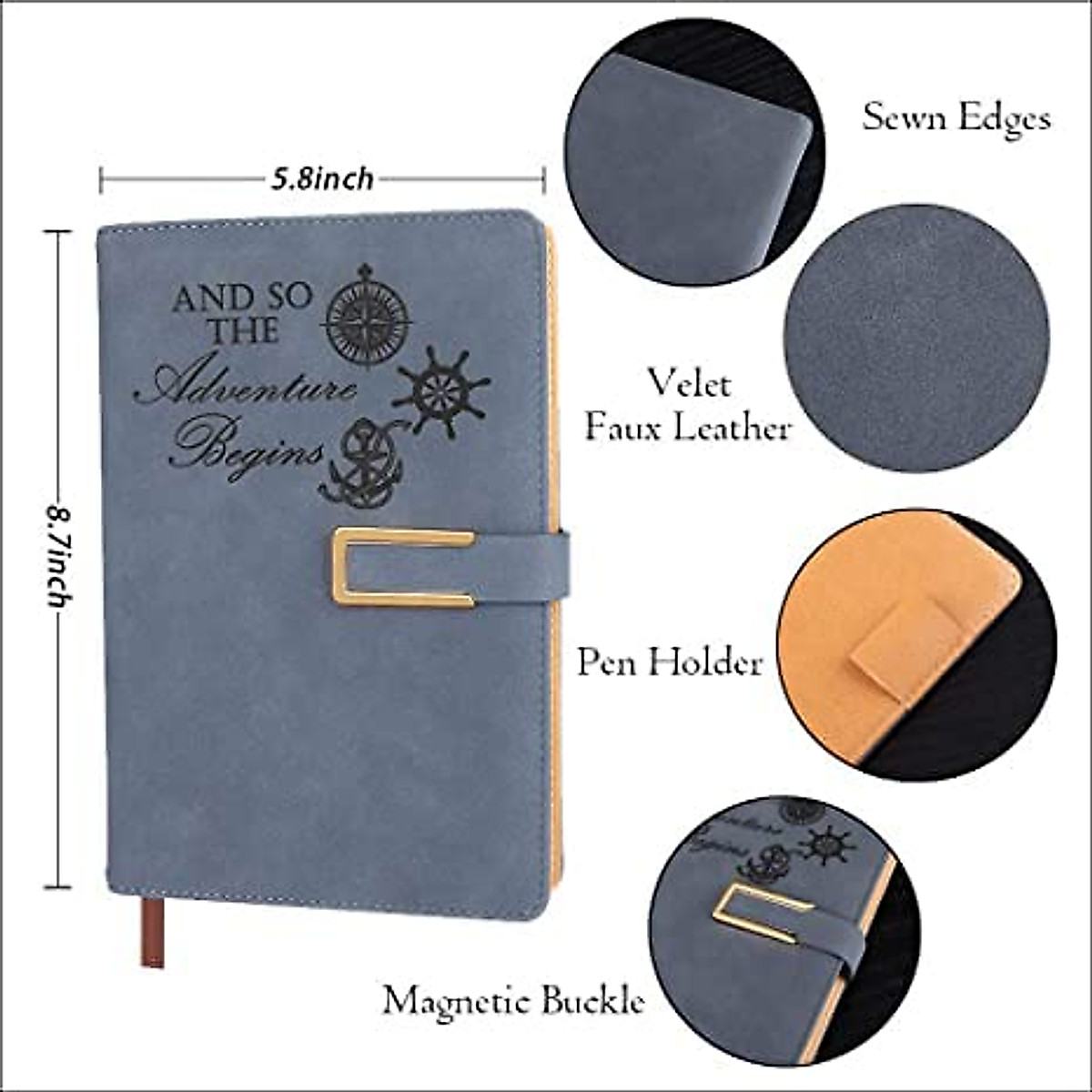 Refillable Adventure Writing Journal For Men & Women Faux Leather Hardcover Notebook A5 College Ruled 200 Lined Pages Lay-Flat Personal Diary With Pen & Magnetic Buckle （Adventure - Blue)