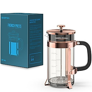 QUQIYSO French Press Coffee Maker 34oz 304 Stainless Steel with 4 Filter, Heat Resistant Durable, Easy to Clean, Borosilicate Glass Press, 100% BPA Free Teapot (Copper)