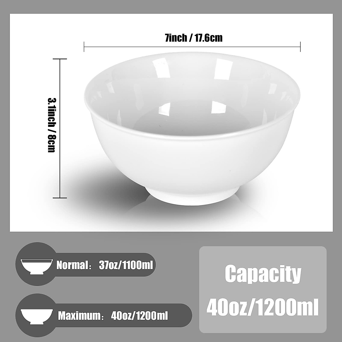 ALLUSEIT Cereal Bowls 40oz, Bone Porcelain Soup Bowl Set of 4, Large Ceramic Bowl for Kitchen, Versatile Serving for Salad Oatmeal Rice etc. Dishwasher & Microwave Safe, White Φ7inch