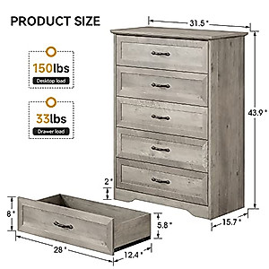 Amyove PHO_0WDE3TP6, 5-Drawer Chest, Grey