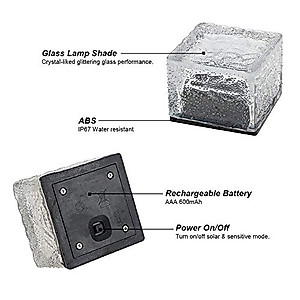 WONFAST 4 Pack Solar Path Ice Cube Lights Outdoor, Waterproof Glass LED Glass Clear Brick in-Groud Buried Festive Light Night Lamp for Garden Courtyard Pathway Patio Pool Pond Decoration(White)