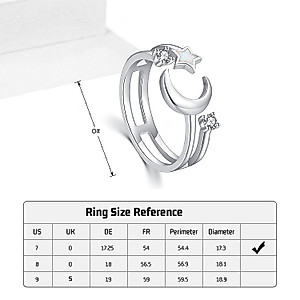 JUSTKIDSTOY Moon Ring for Women 925 Sterling Silver Crescent Moon star Ring Adjustable Open Ring Jewelry Gift for Birthday