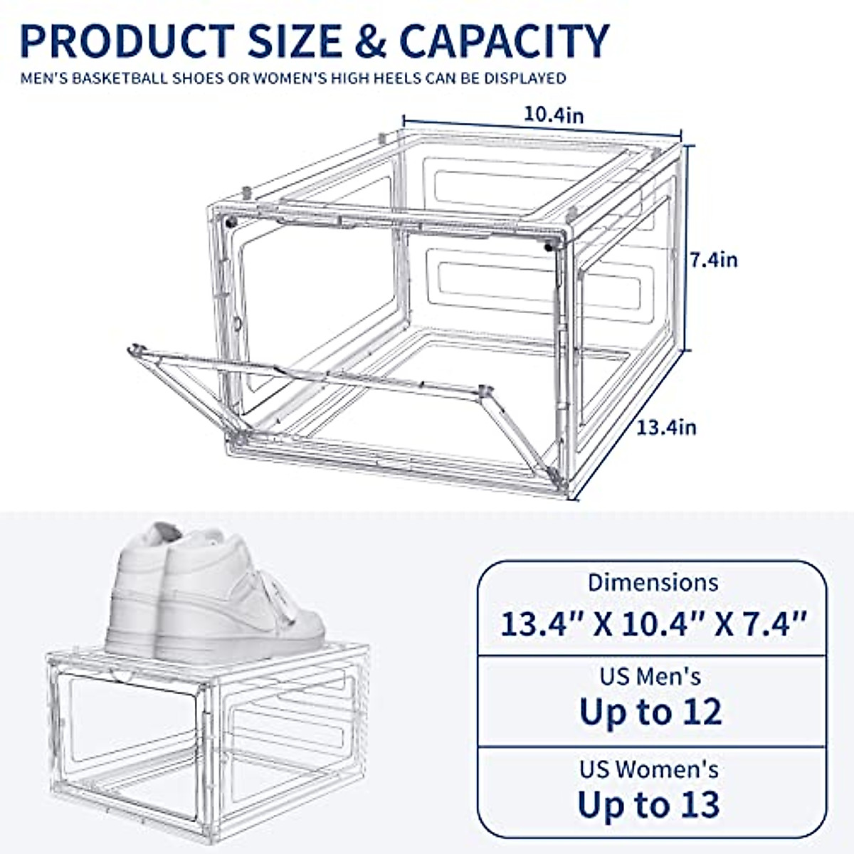 mupera Clear Shoe Box Stackable - Upgraded Large Plastic Sneaker Storage Box with Lid, Magnetic Shoe Boxes Stackable, Shoe Box Clear Plastic, Drop Front Boot Organizer, Hard Plastic Shoe Storage Bin