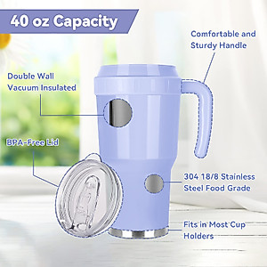 Rietore 40 oz Tumbler with Handle and Straw, Stainless Steel Tumblers Insulated Tumblers with Lids Double Wall Vacuum Coffee Travel Mug, Sweat Proof, Leak Proof, Glacier Blue