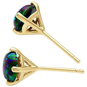 Peora Solid 14K Yellow Gold Created Fire Black Opal Stud Earrings for Women, Classic Solitaire Round Shape, 6mm, 1 Carat total, Hypoallergenic, Friction Back