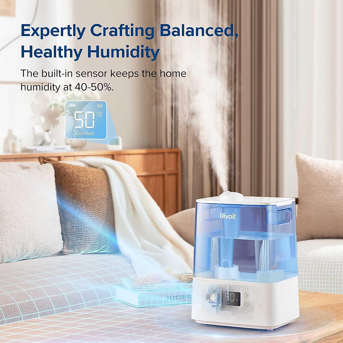 LEVOIT Classic300S Ultrasonic Smart Top Fill Humidifier, Extra Large 6L Tank for Whole Family, APP & Voice Control, Humidity Setting with Sensor, Quiet Sleep Mode, Night Light, Essential Oil Diffuser