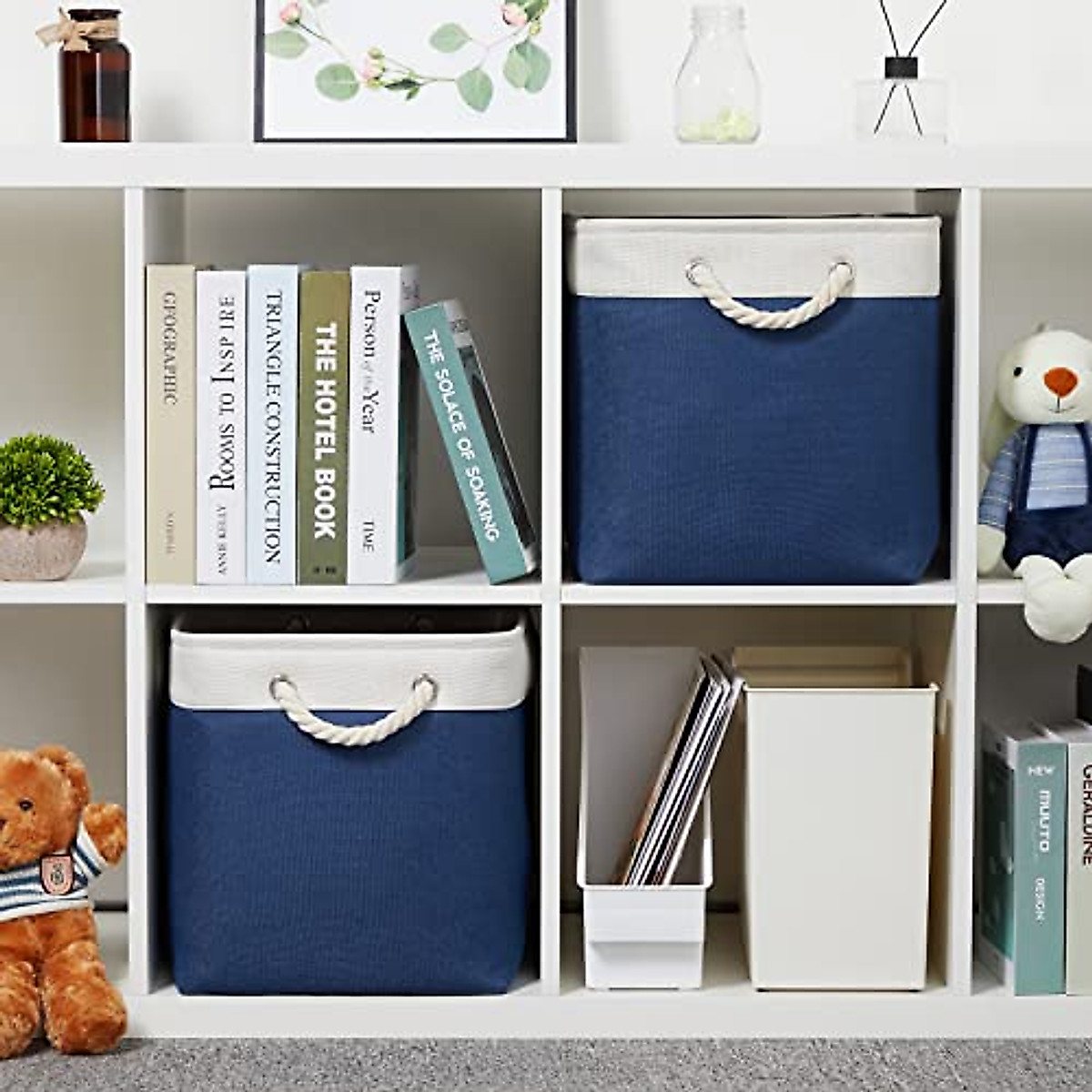 Temary 6 Pcs Small Storage Baskets for Shelves, 2 Pcs Fabric Storage Bins for Organizing Clothes, Toys, Books (White&Blue, 11.8Lx7.9Wx5.3H Inches, 16Lx12Wx12H Inches)