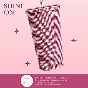 Paris Hilton Diamond Bling Water Tumbler With Lid And Straw, Vacuum Insulated Stainless Steel, Bedazzled With Over 3700 Rhinestones, 16.9-Ounce, Pink