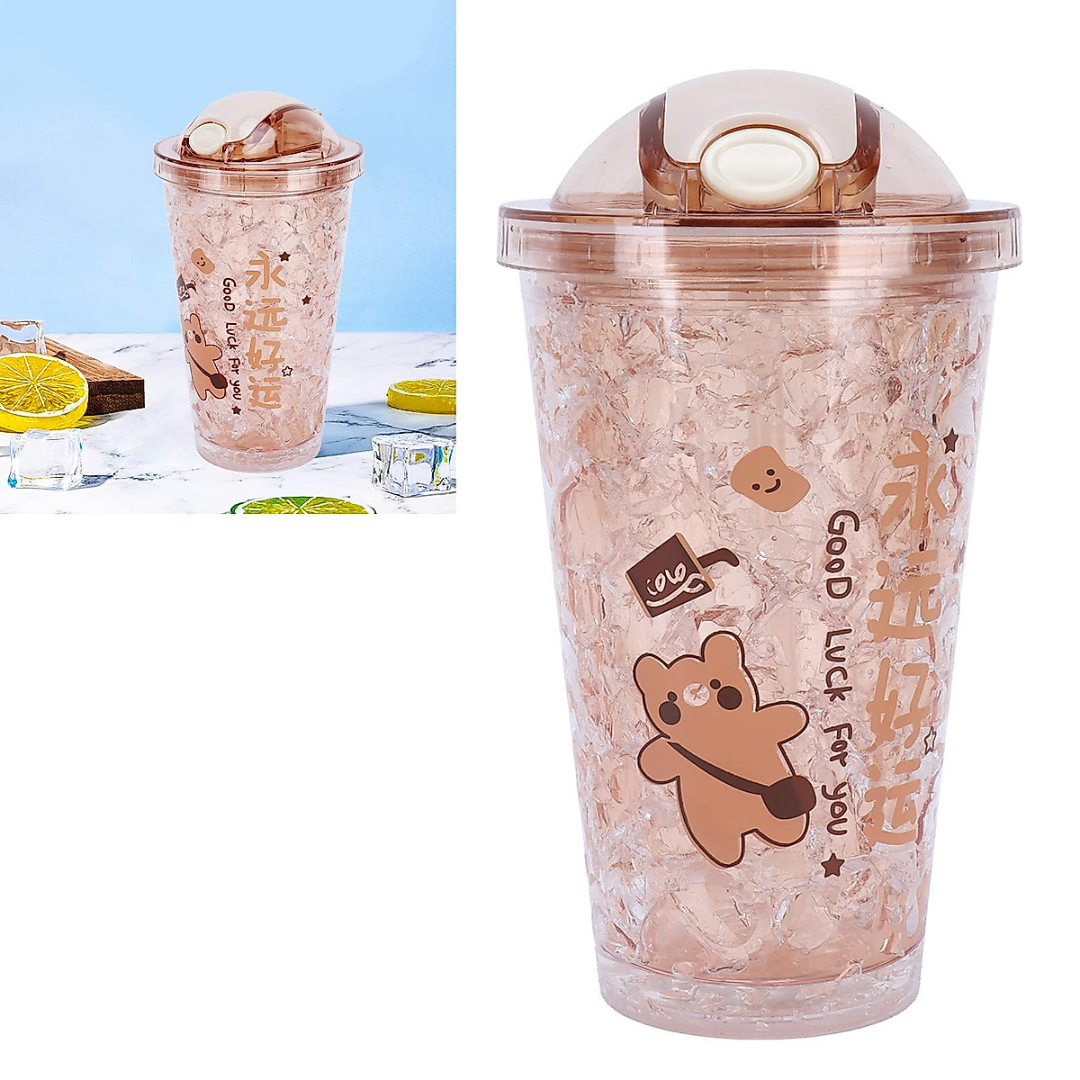 Cute Water Tumbler, 450ml Water Drinking Cup Reusable Double Wall Water Bottle with Straw Kawaii Water Bottle for Home Travel Tumbler(Brown)