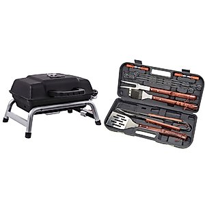 Char-Broil Portable 240 Liquid Propane Gas Grill & Cuisinart CGS-W13 Wooden Handle Tool Set (13-Piece), Black
